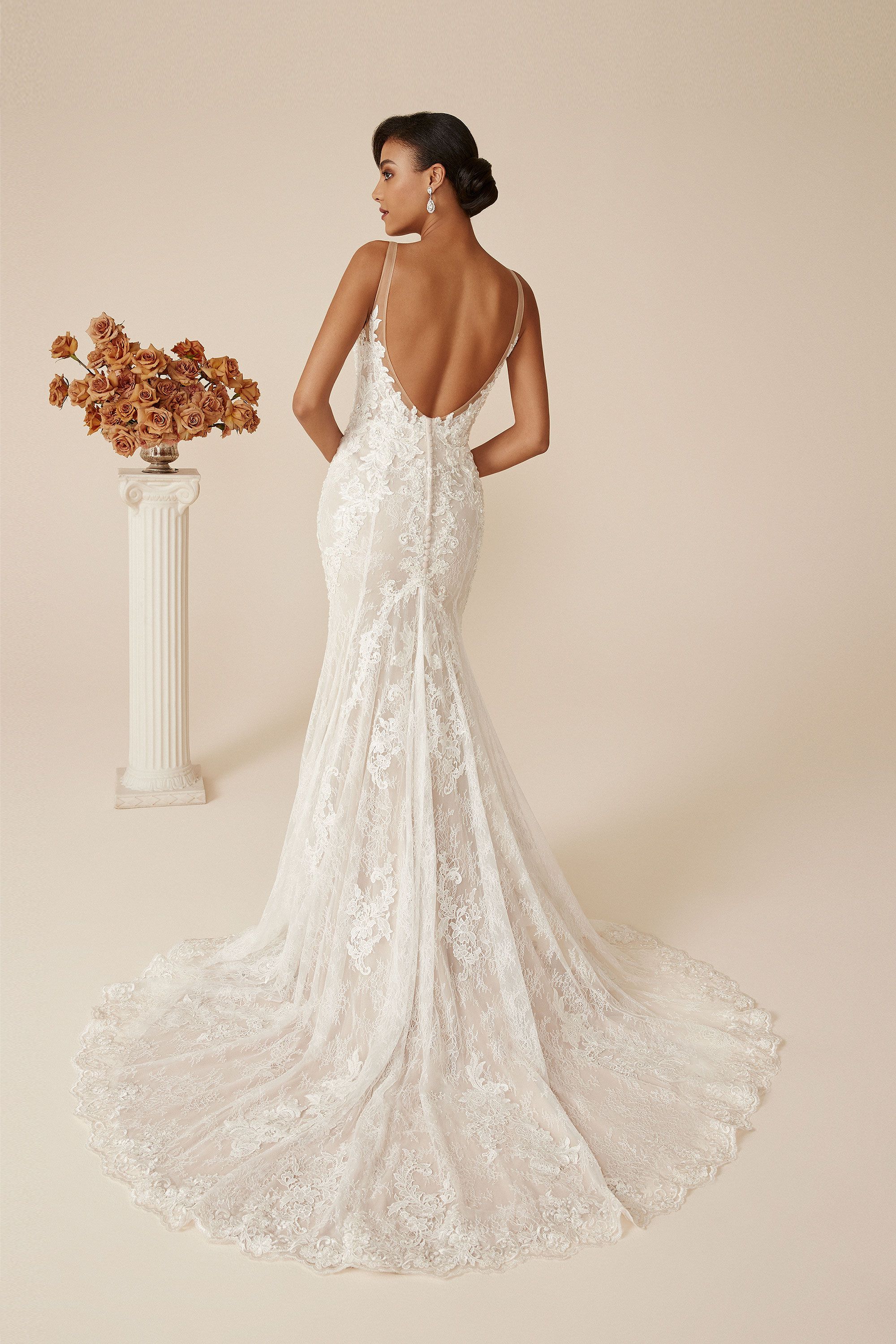 88124: Allover Lace Deep V-Neck Fit and Flare Gown | Justin Alexander