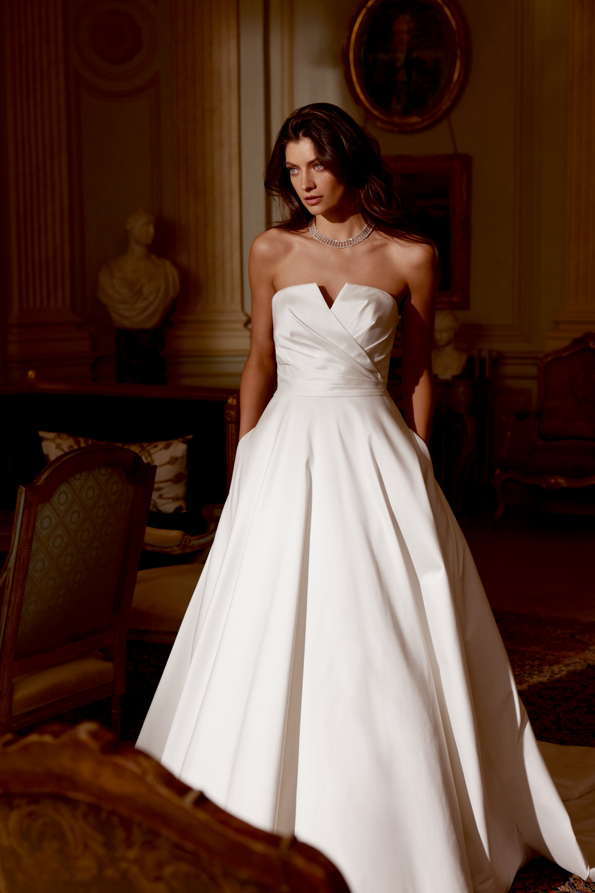 Indigo: Notch Neckline Stretch Mikado Fit and Flare Gown with Pleated ...