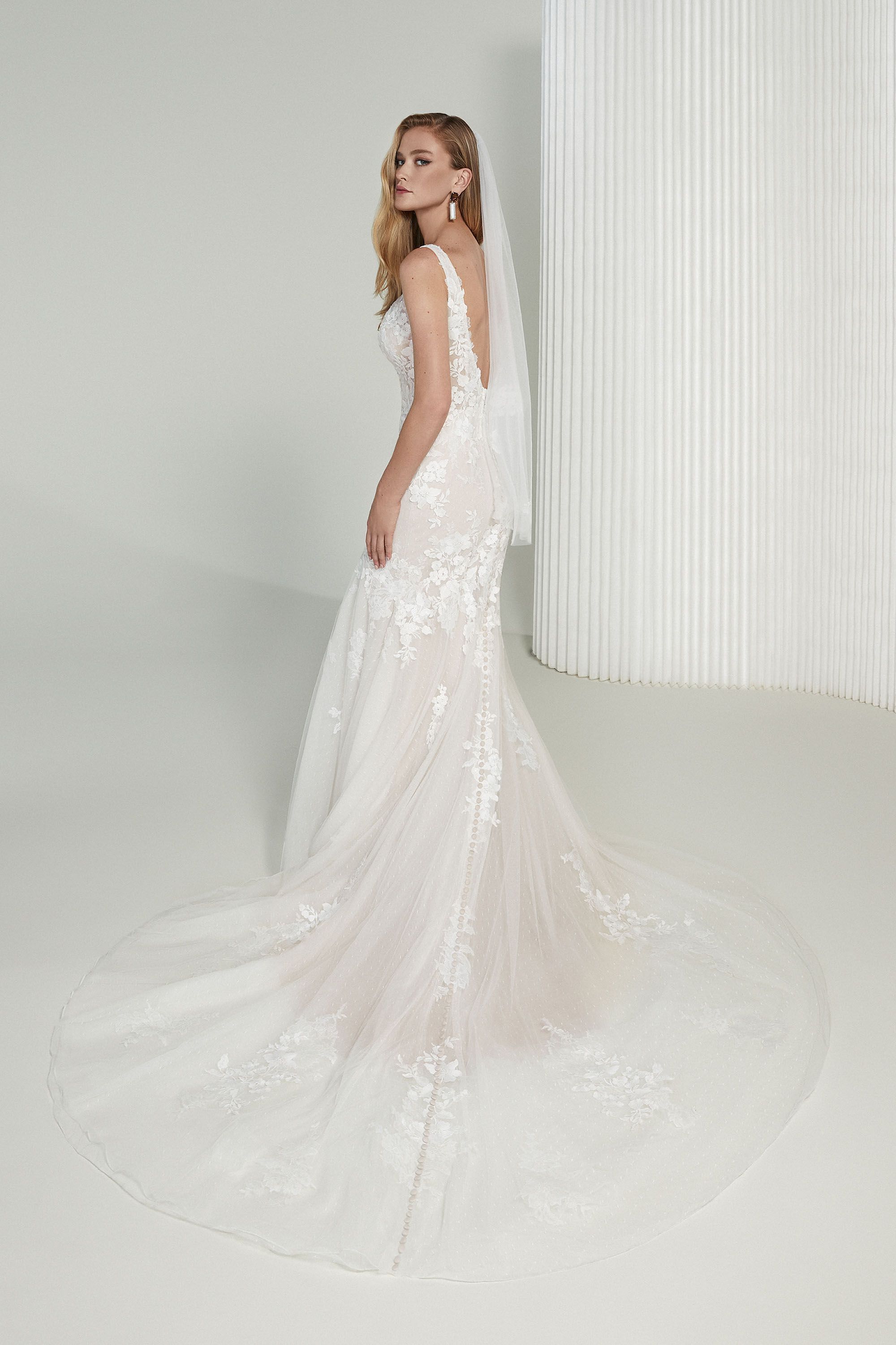 JANE: Lace Fit and Flare Wedding Gown with Plunging V-Neck and Low Back ...