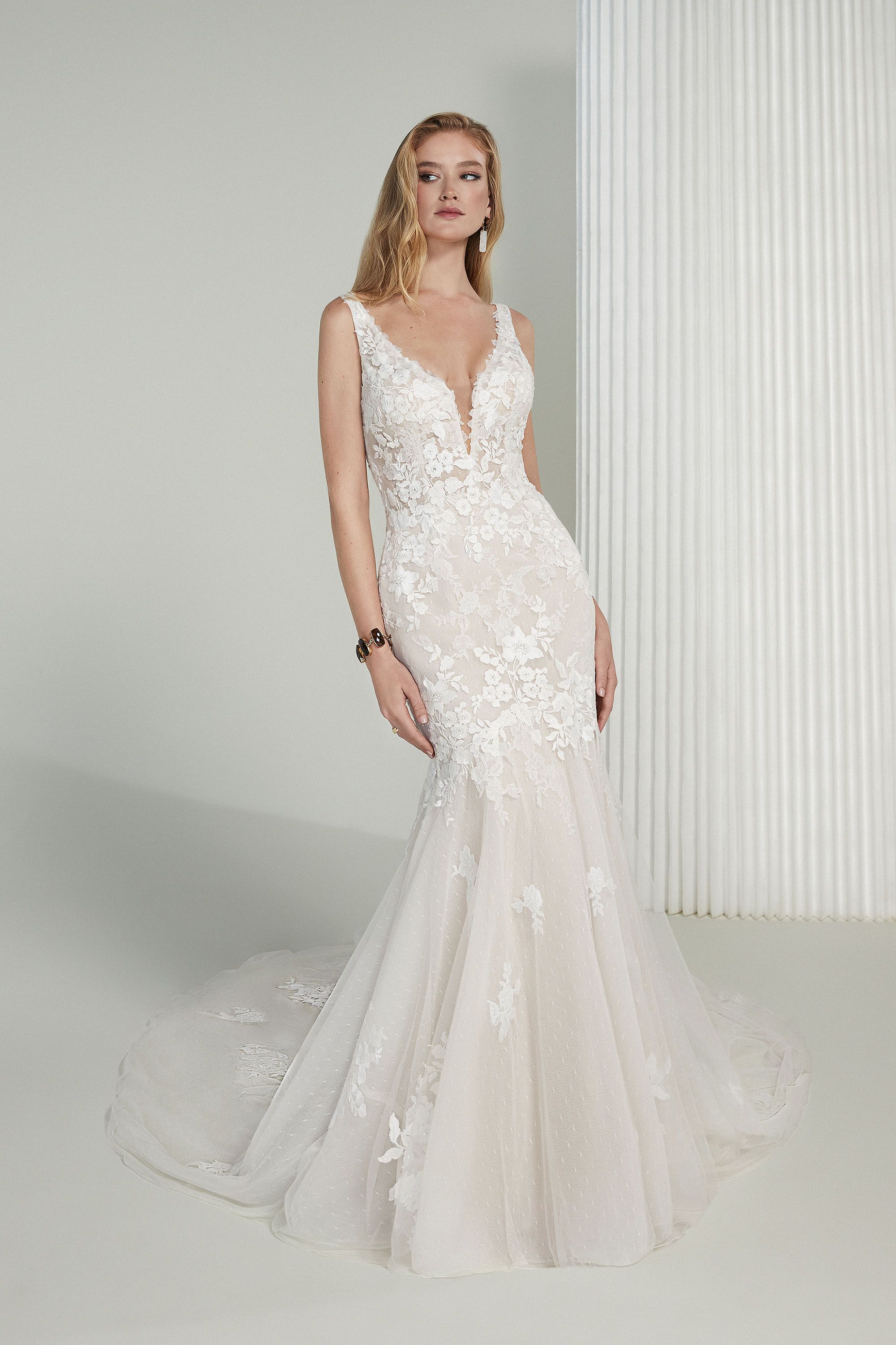 JANE: Lace Fit and Flare Wedding Gown with Plunging V-Neck and Low Back ...
