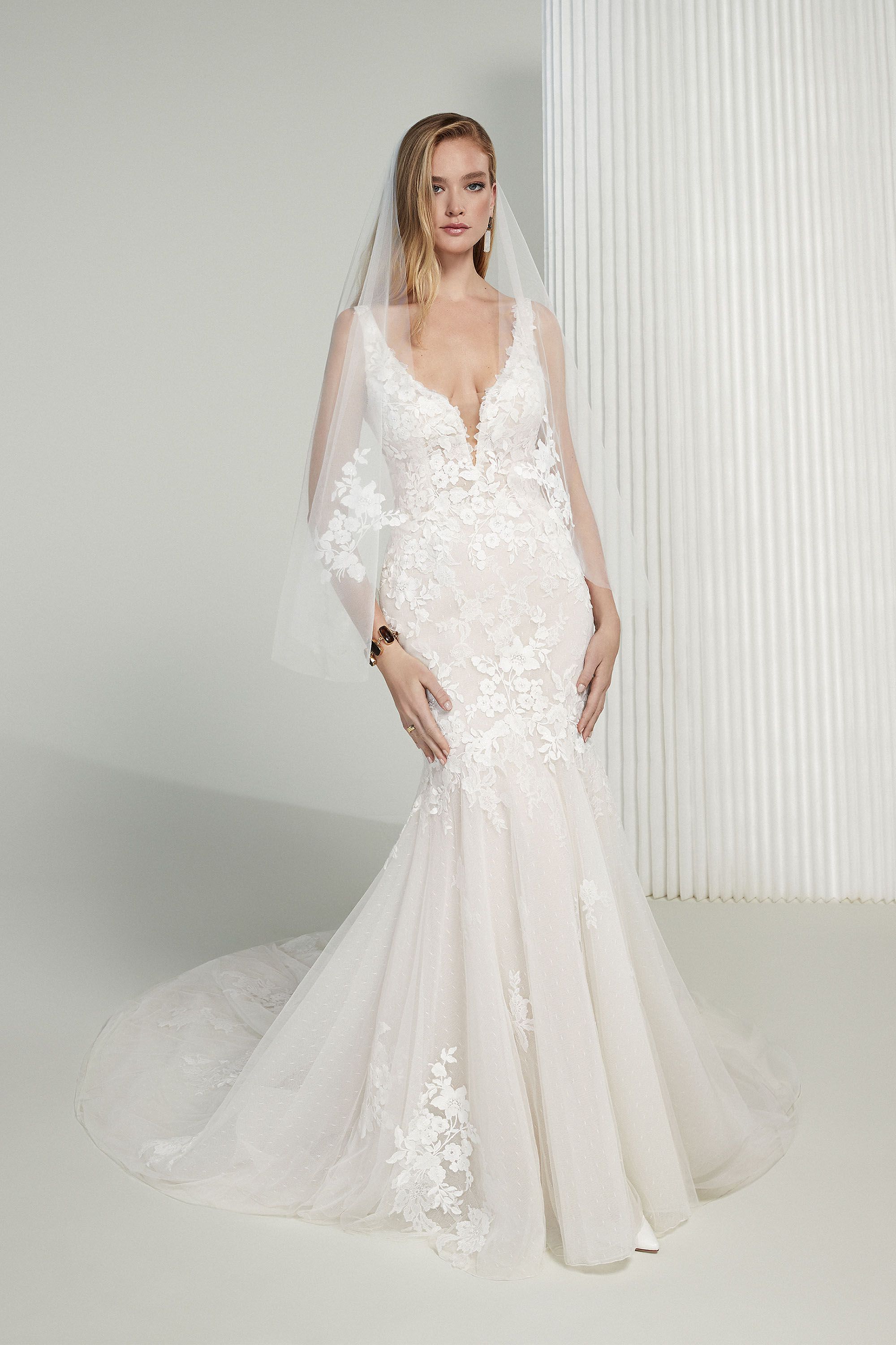 JANE: Lace Fit and Flare Wedding Gown with Plunging V-Neck and Low Back ...