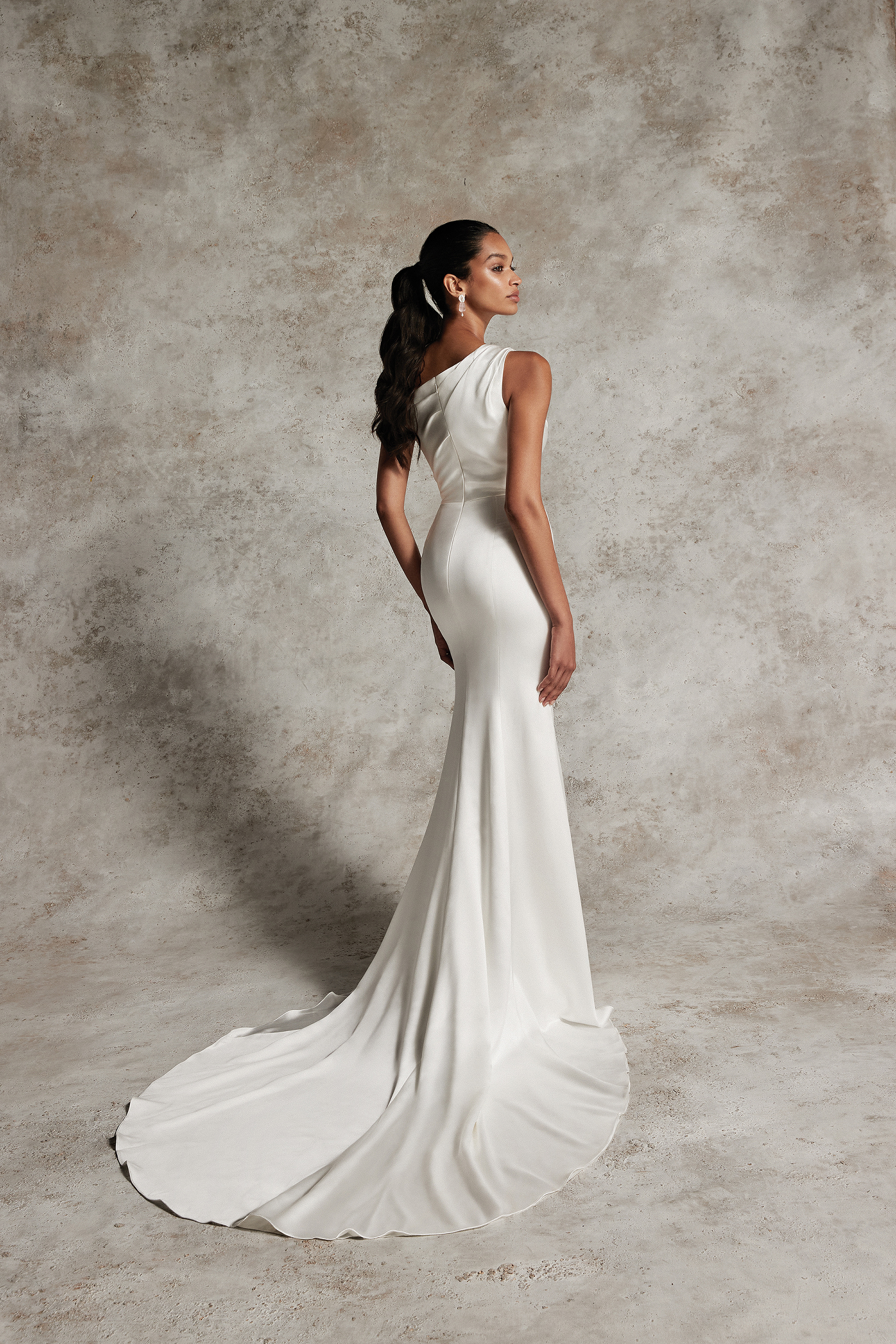 SELENE: Charmeuse Wedding Gown with Asymmetric Neckline and Skirt Slit ...