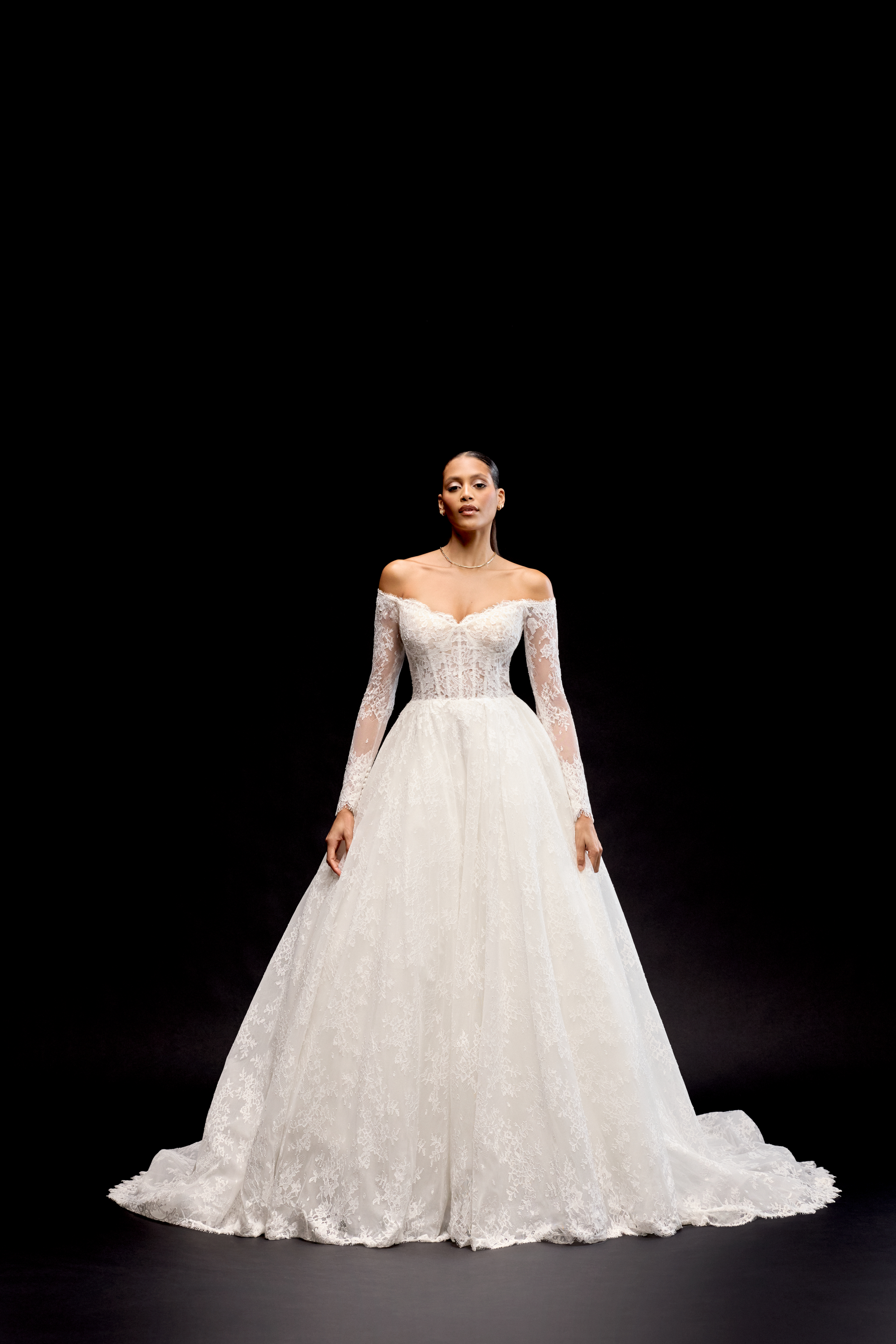 MIYAKO: Allover Chantilly Lace Ball Gown with Off-The-Shoulder Long Sleeves | Justin Alexander ...