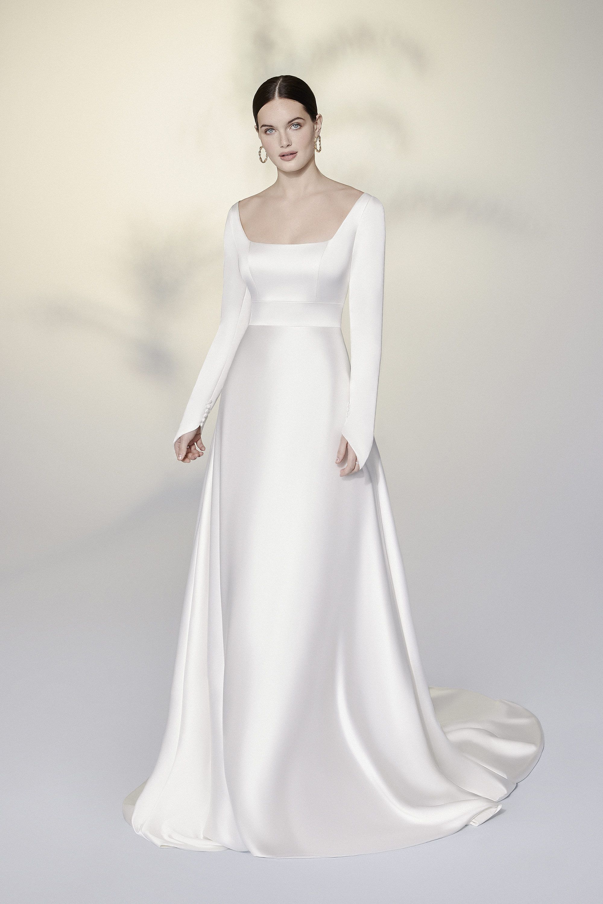 COPELAND: Square Neck Charmeuse A-Line Gown with Long Sleeves | Justin ...