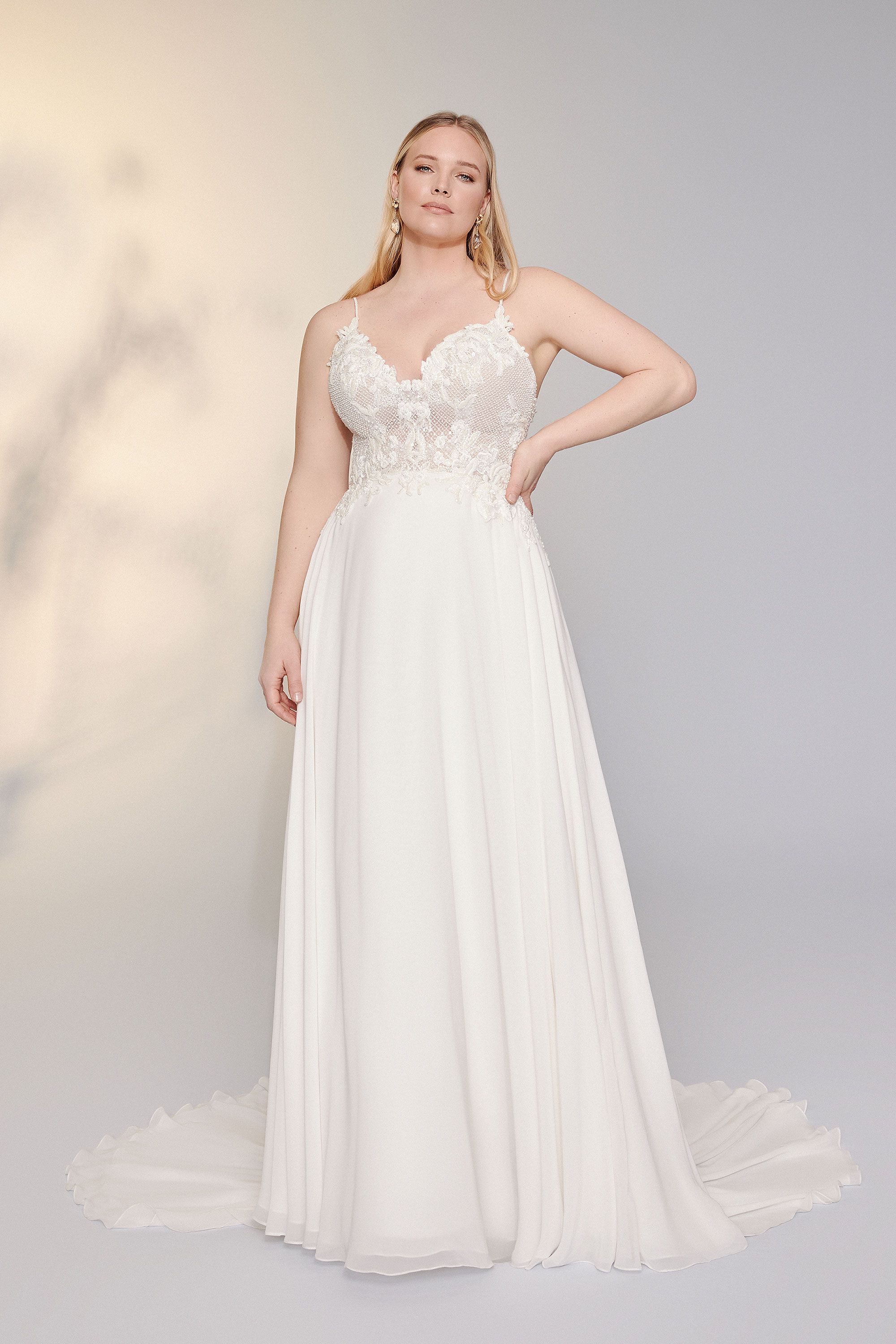 NORA PS: Beaded Plus Size Chiffon A-Line Gown with Bikini Neckline | Justin Alexander Signature