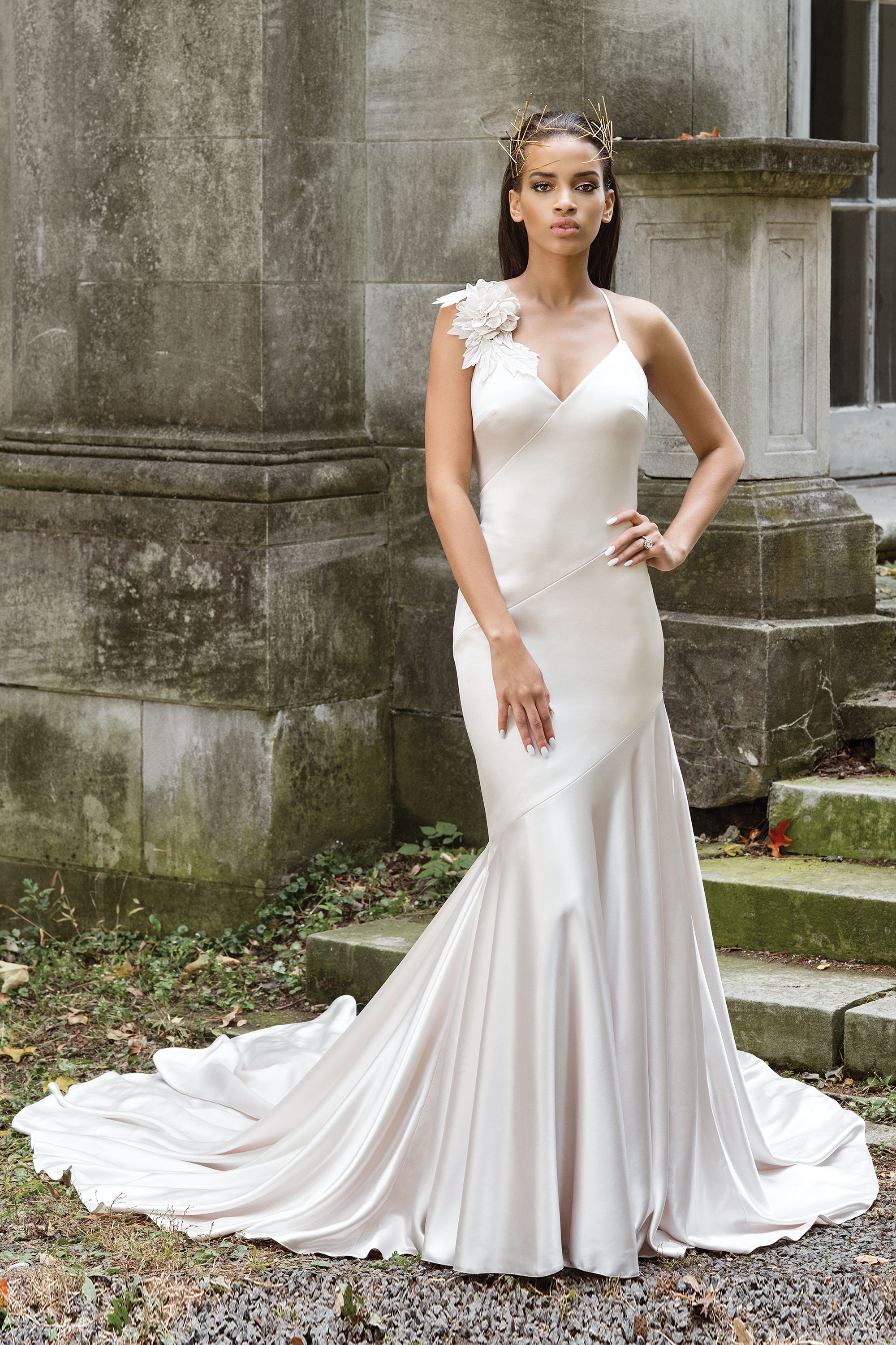 9866: Luxe Charmeuse Fit and Flare Gown with Laser Cut Flowers on ...