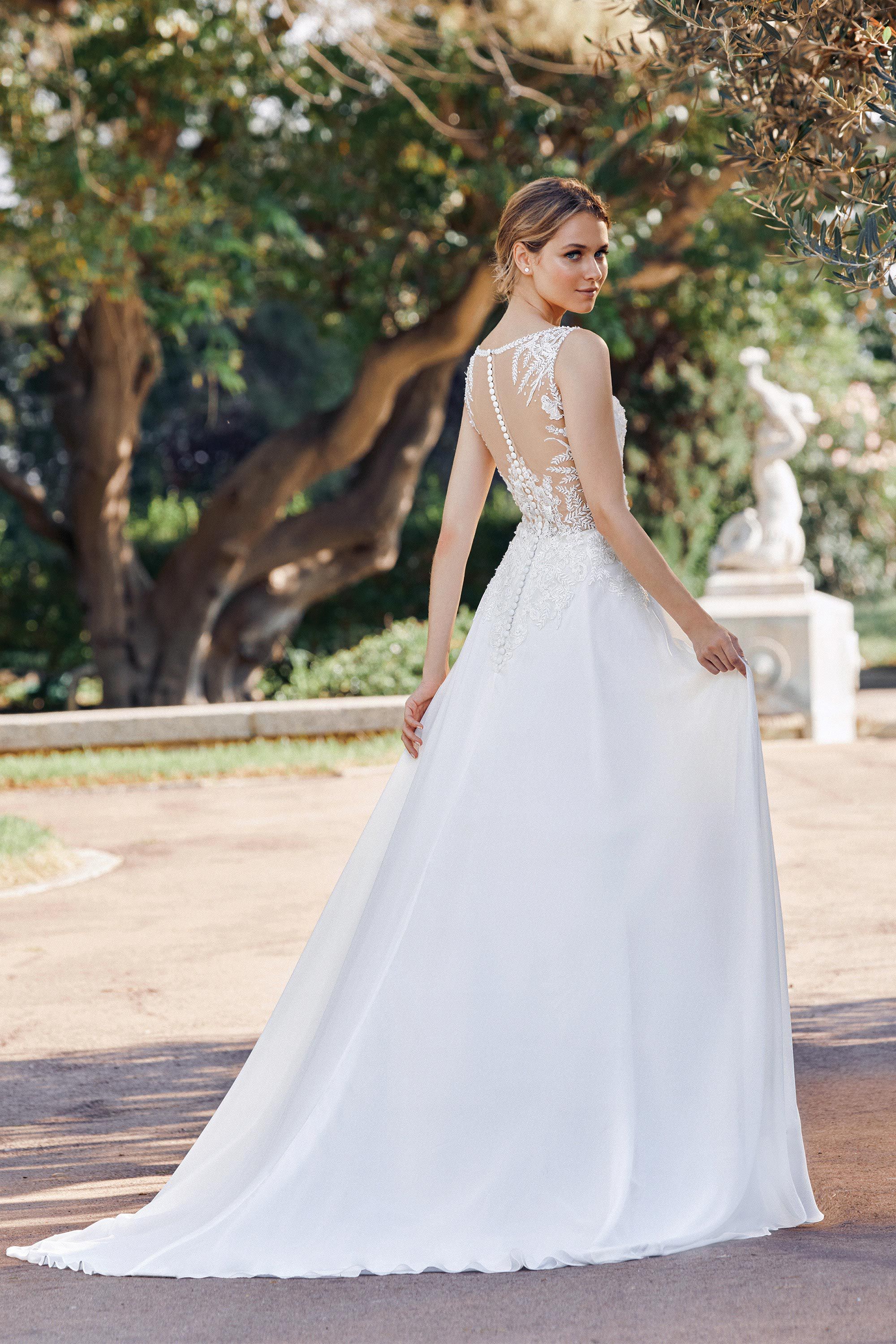 44131: Chiffon A-Line dress with Chapel Length Train | Sincerity Bridal